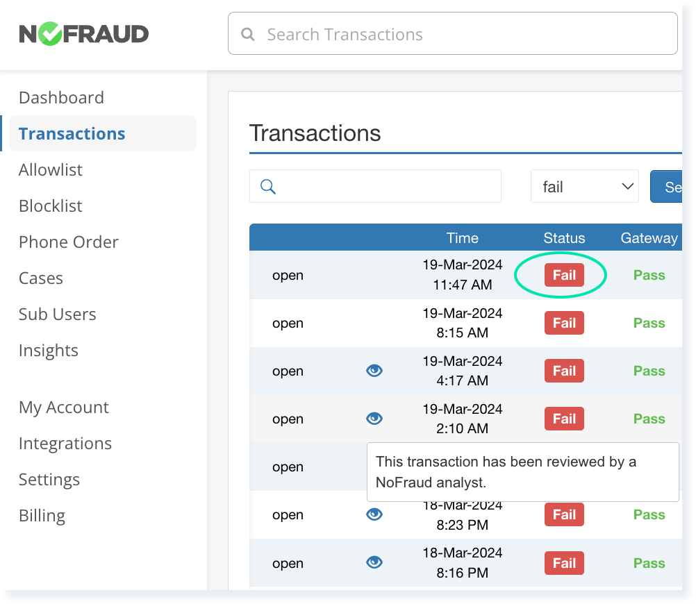 What does a Fail decision mean in NoFraud Fraud Protection?