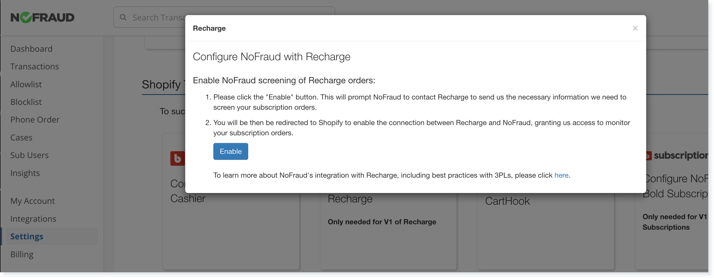 How do I screen Shopify Recharge orders with NoFraud Fraud Protection?