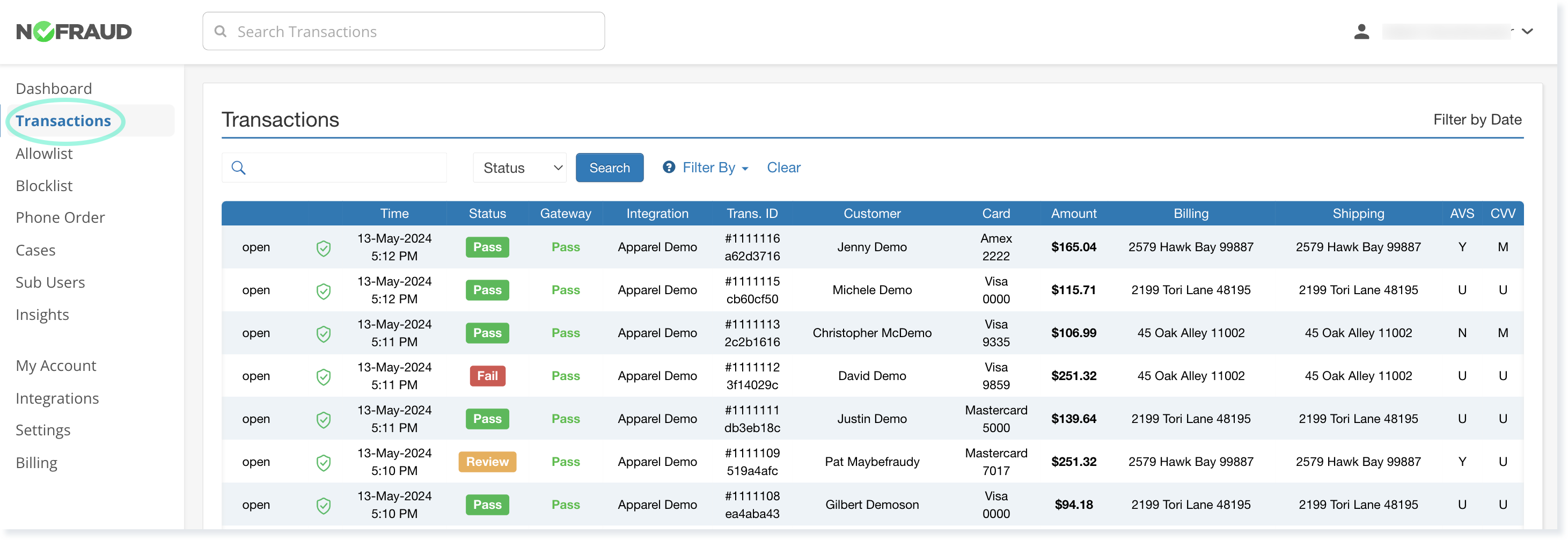 How do I view transactions in NoFraud Fraud Protection?