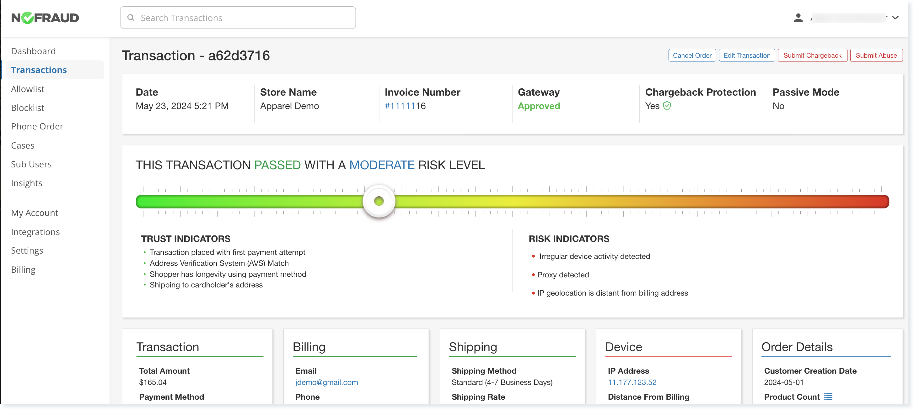 How do I view transactions in NoFraud Fraud Protection?