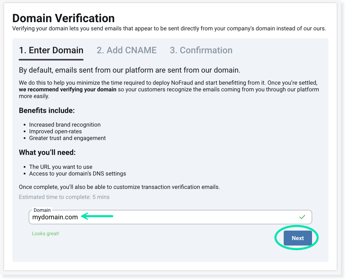 How do I configure DKIM to send verification emails from my domain during NoFraud Review and ...